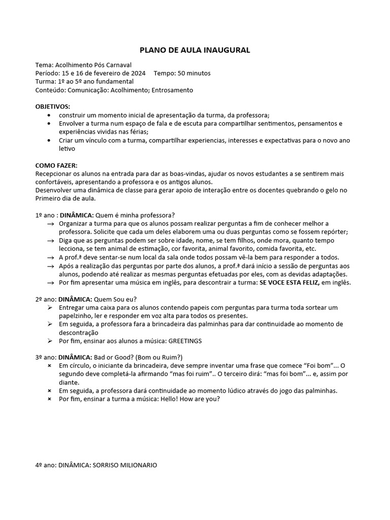Plano de Aula Inaugural | PDF