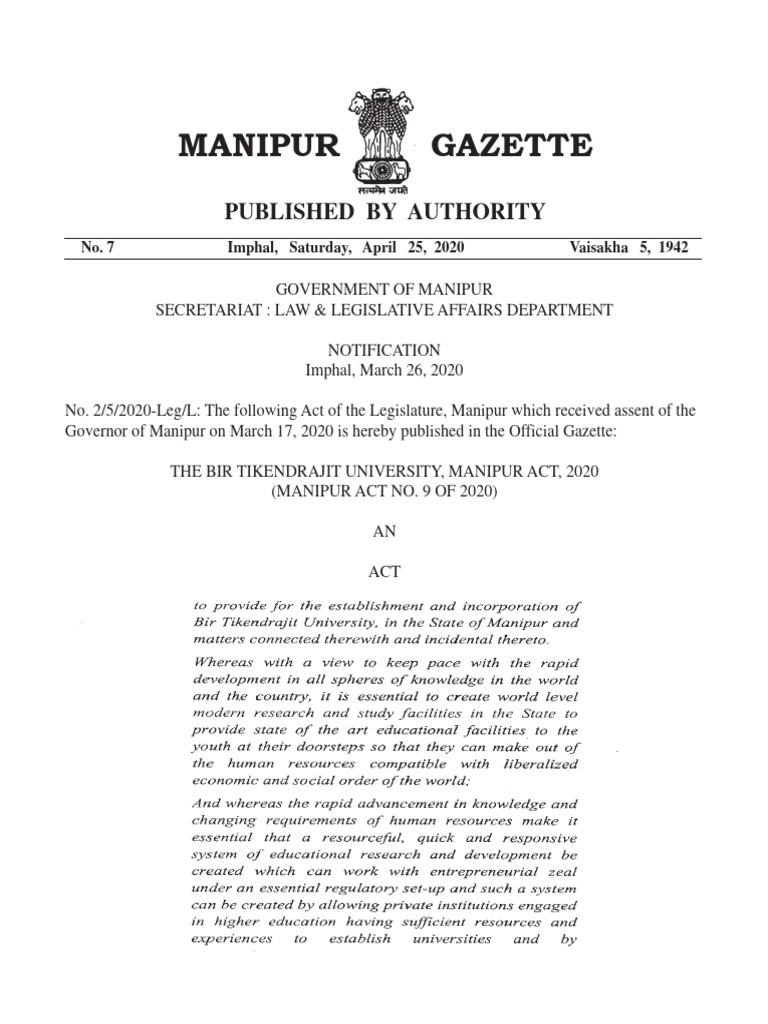 Bir Tikendrajit University Act 2020 | PDF