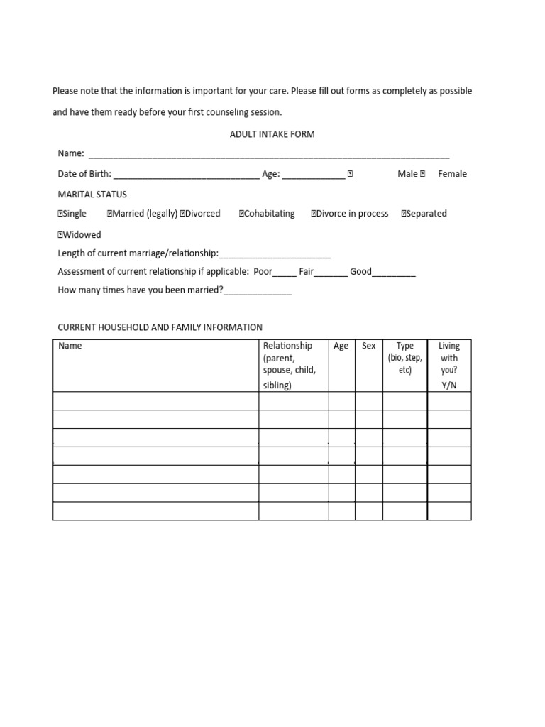 1-2014 Adult Intake Form | PDF | Anxiety | Substance Abuse