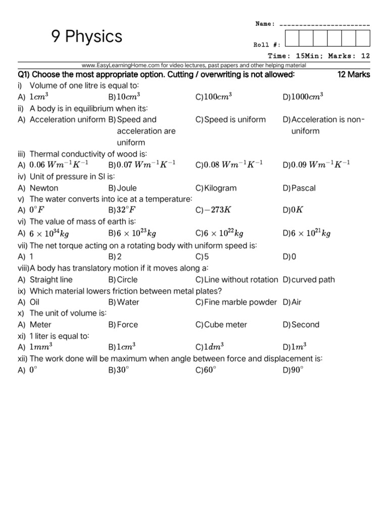 9 Physics - Test Maker @ | PDF | Kilogram | Acceleration