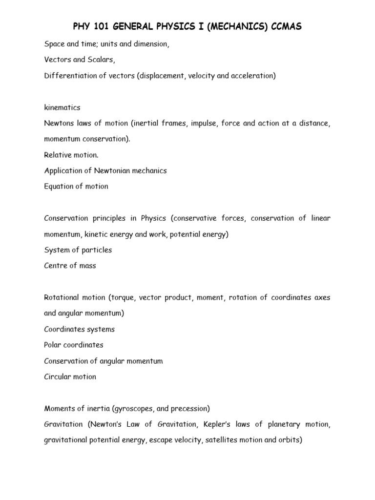 Phy 101 General Physics I (Mechanics) Ccmas | PDF