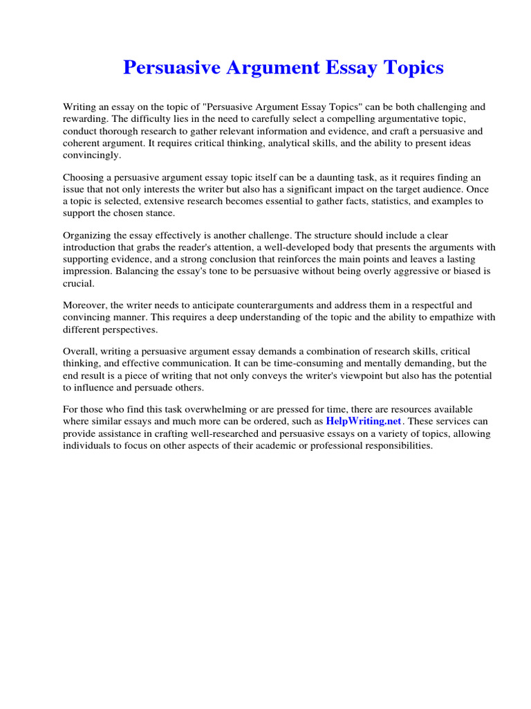 Persuasive Argument Essay Topics | PDF | Obesity | Essays