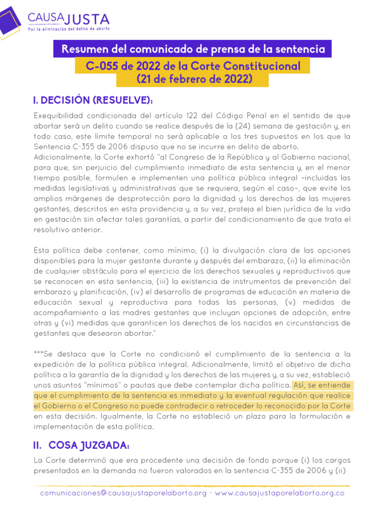 Resumen Comunicado de Prensa Sentencia C 055 de 2022 VF 1 | PDF | Aborto | El embarazo