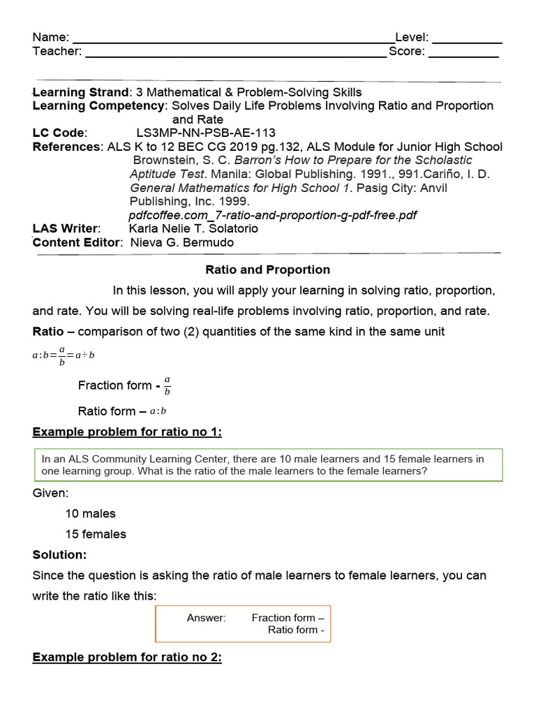 Learning Activity Sheet | PDF | Ratio | Arithmetic
