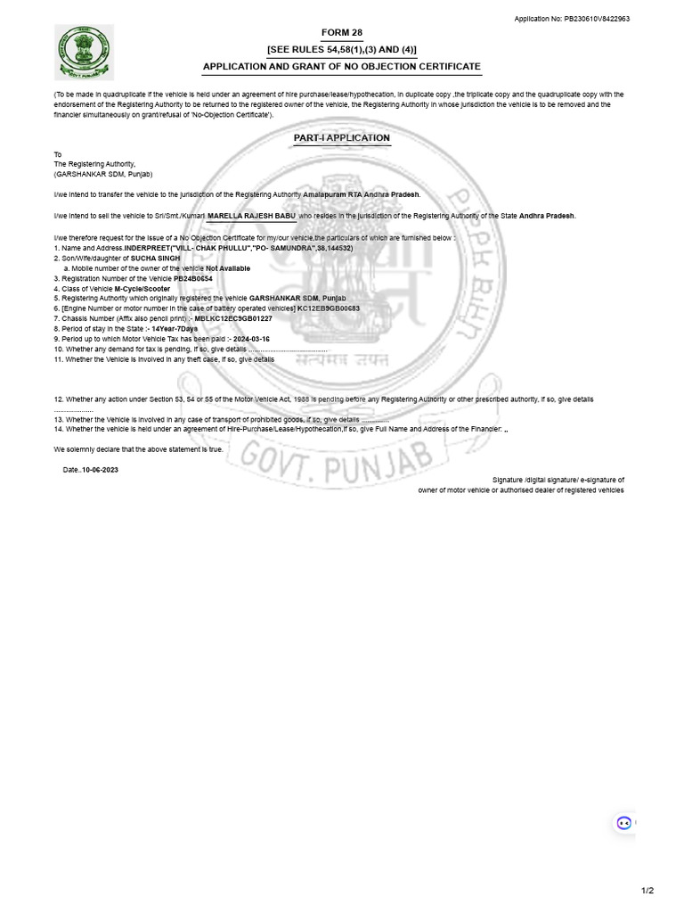 Form 28 | Download Free PDF | Vehicles | Government