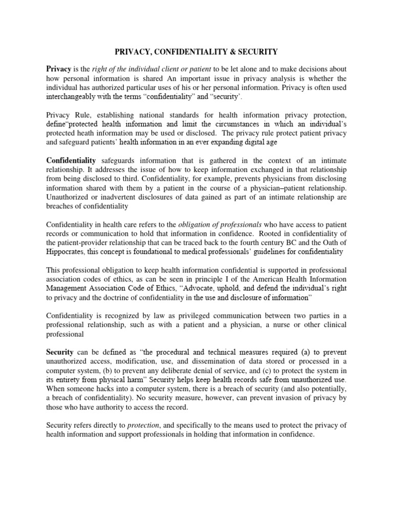 Notes 4 - Privacy, Confidentiality & Security of Health Information ...