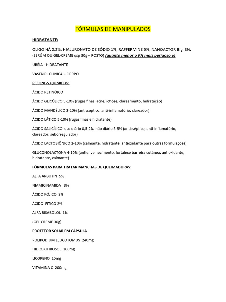 Fórmulas Manipuladas em Dermatologia | PDF