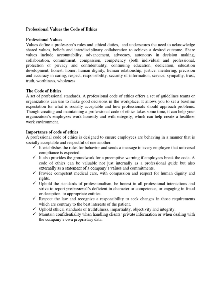 Professional Values & The Code of Ethics - NOTES | PDF | Health ...