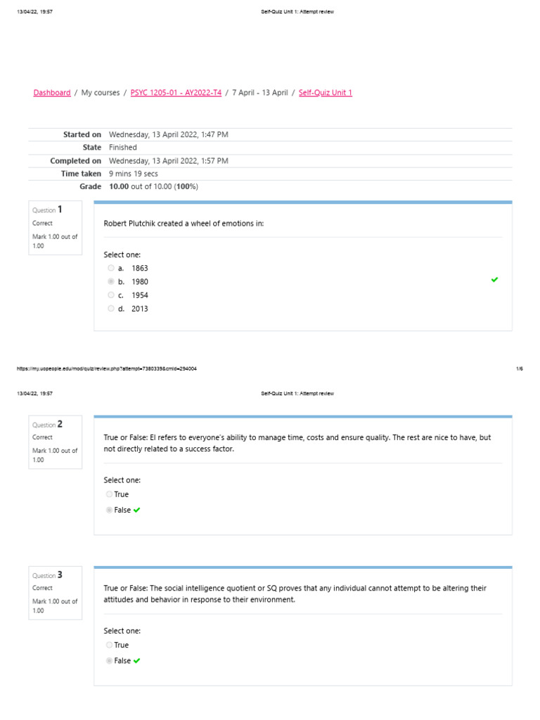 Self-Quiz Unit 1 - Attempt Review | PDF | Intelligence | Cognitive Psychology