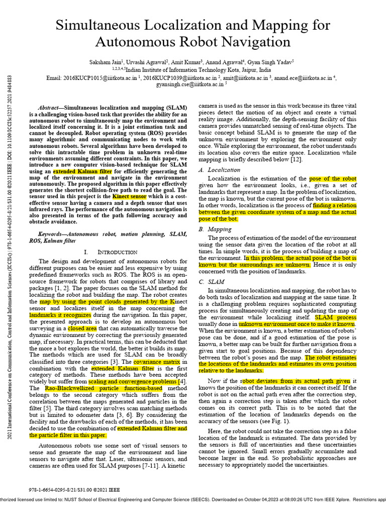 Simultaneous Localization And Mapping For Autonomous Robot Navigation Pdf Kalman Filter