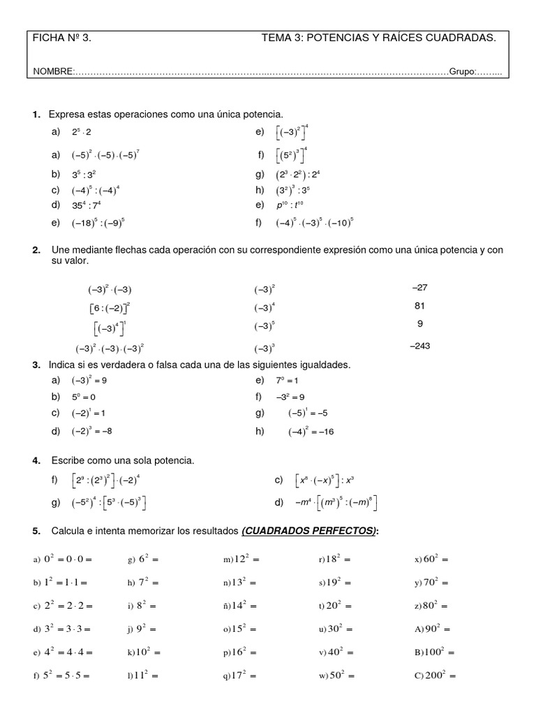 Ficha 3 Potencias y Raices | PDF