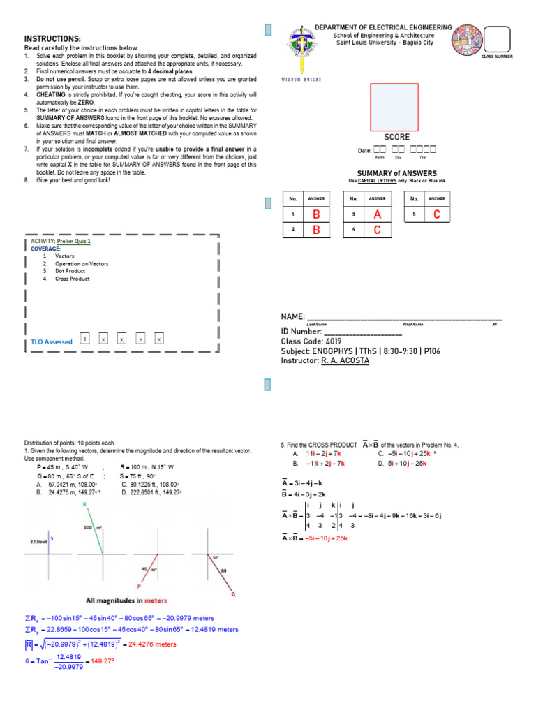 PrelimQuiz01 ENGGPHYS SOLUTION | PDF | Euclidean Vector | Mathematics