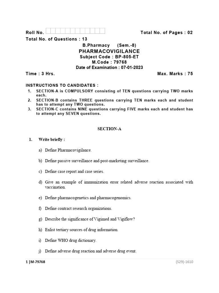 Bpharma 8 Sem Pharmacovigilance 79768 Jan 2023 | PDF | Pharmacovigilance | Pharmacogenomics