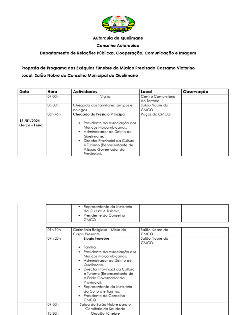 Programa das Exéquias de Cassamo Victorino | PDF