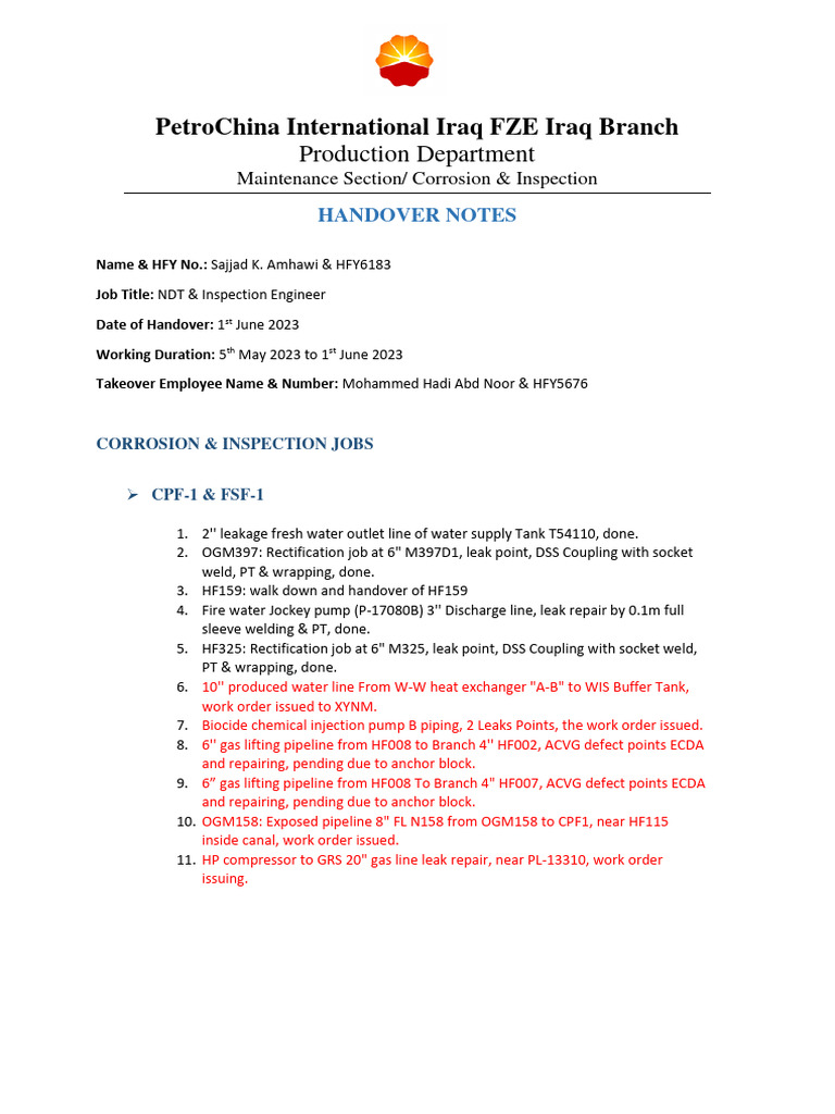 Handover Notes 01062023 | PDF | Leak | Pipeline Transport