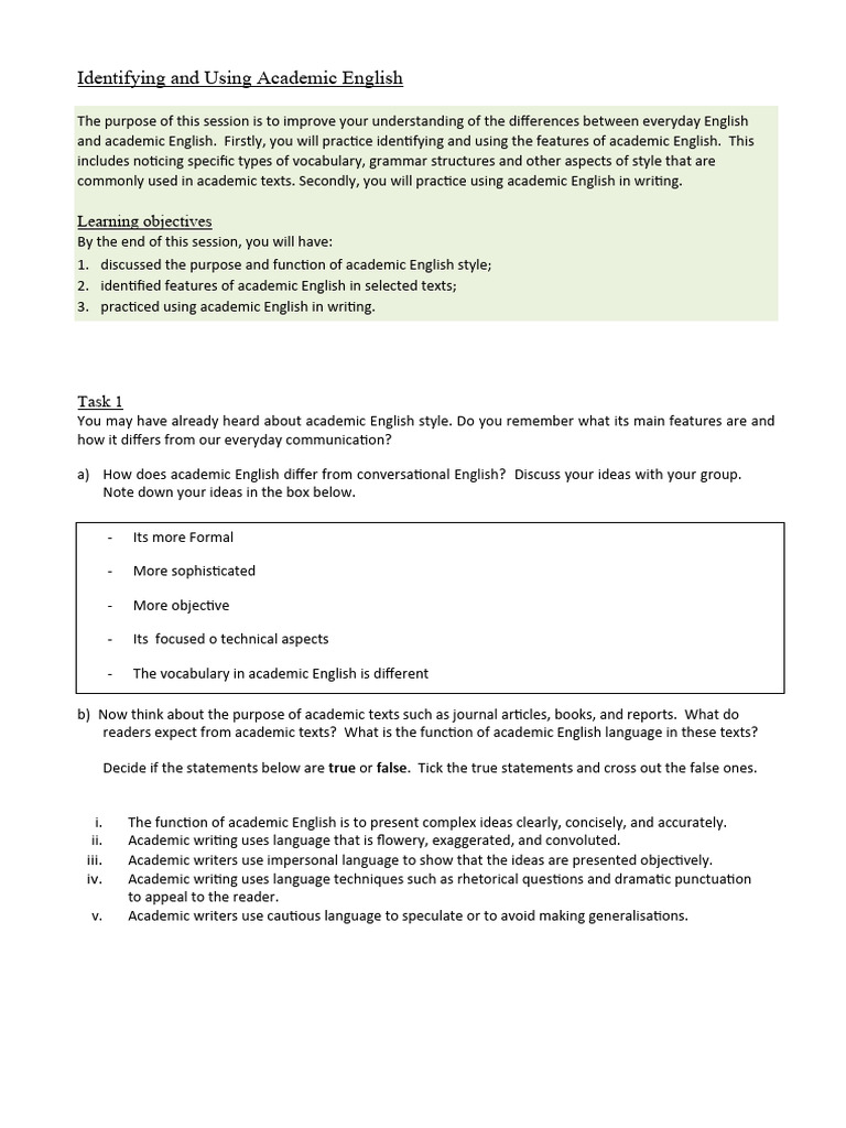 W1, S1 - Academic English - Worksheet 1 | Download Free PDF | English ...