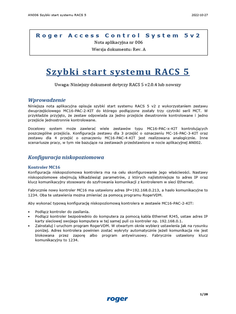 Szybki Start Systemu RACS 5: Roger Access Control System 5v2 | PDF