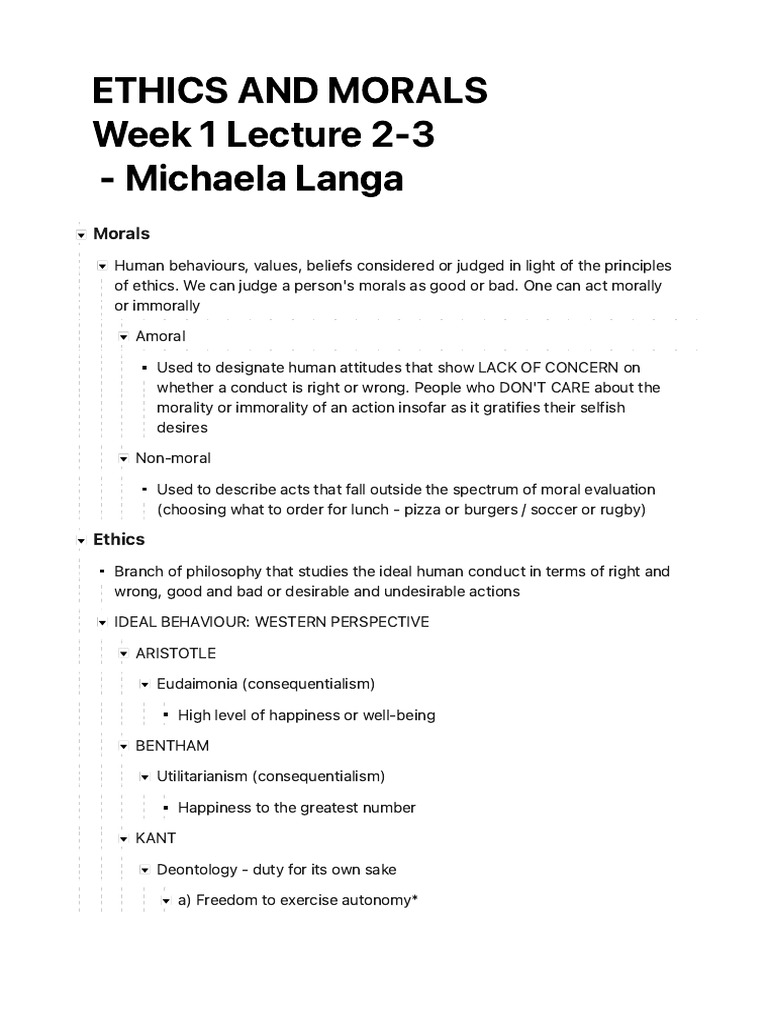 Fil 120 - Outline - Ethics and Morals Week 1 Lecture 2-3 - Michaela Langa | PDF | Morality | Courage