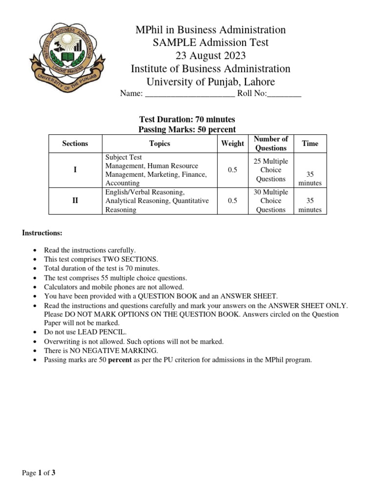 Sample Test Paper For M.phil. in Business Administration Program ...