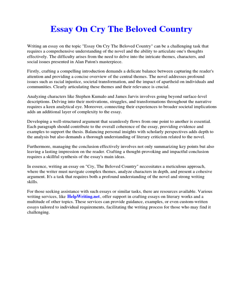 Essay On Cry The Beloved Country | PDF | To Kill A Mockingbird | Essays