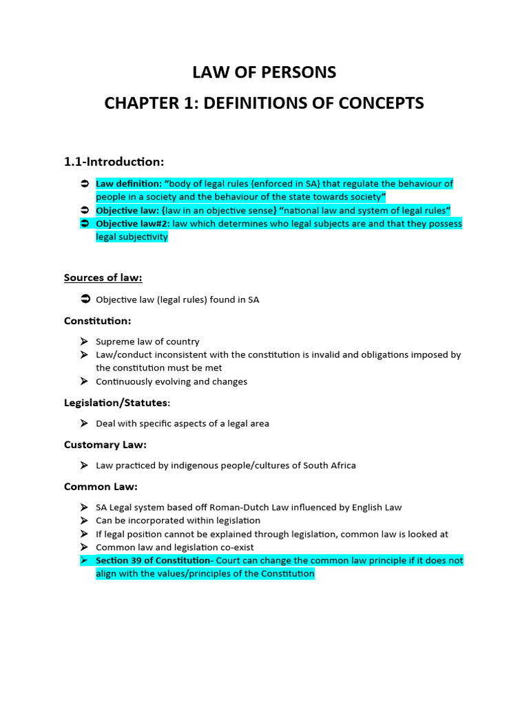 Law of Persons Chapter 1 Notes | PDF | Precedent | Common Law