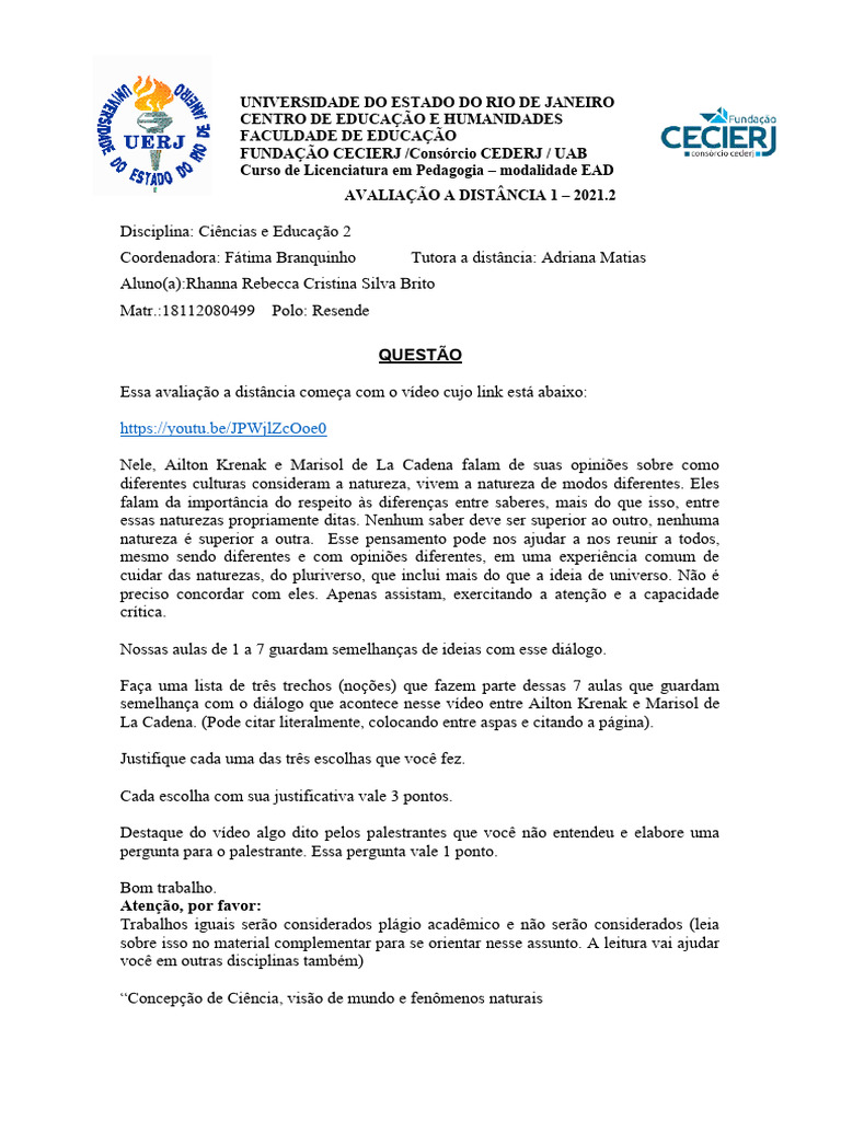 Ad1 Ce2 2021-2 | PDF | Science | Conhecimento