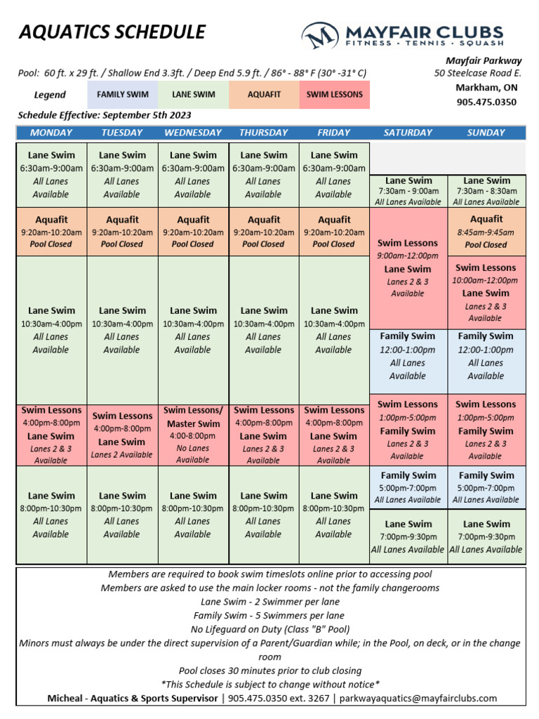 Pool Schedule PARKWAY Septmeber | PDF | Swimming | Leisure Activities