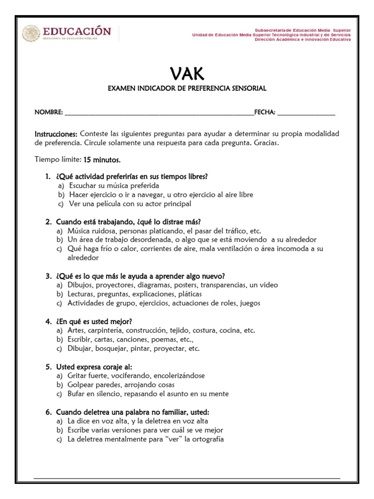 Examen de Preferencia Sensorial VAK | PDF