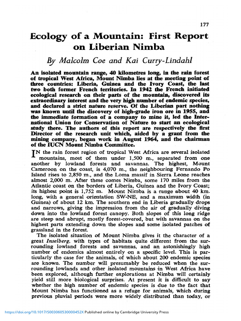 Ecology of A Mountain First Report On Liberian Nimba | PDF | Liberia | Forests