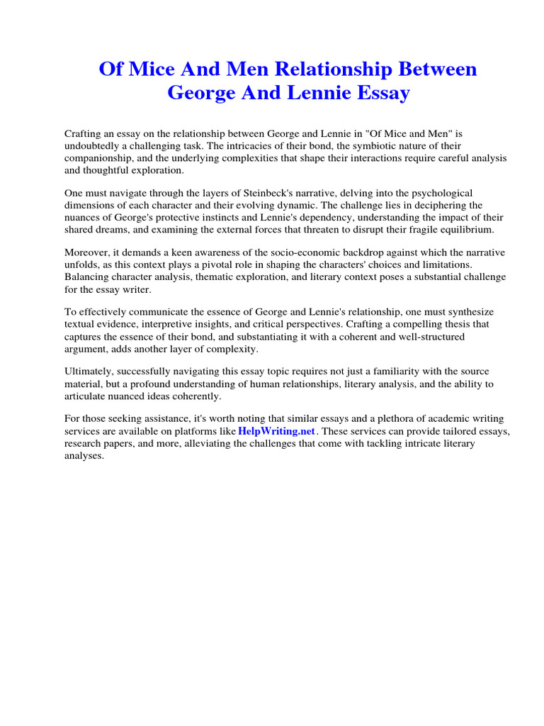 Of Mice and Men Relationship Between George and Lennie Essay | PDF