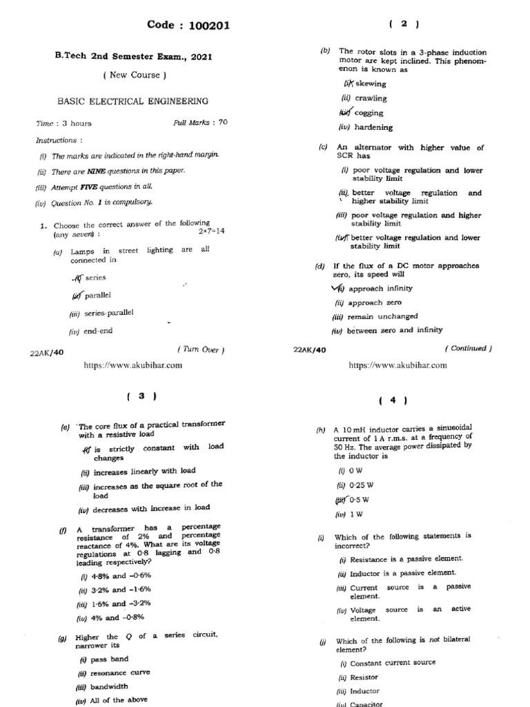 Btech 2 Sem Basic Electrical Engineering 100201 2021 | PDF