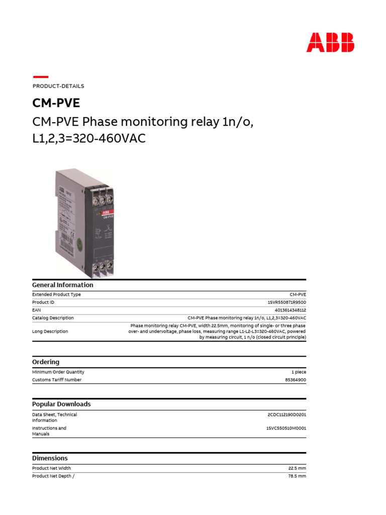 Cm-Pve: CM-PVE Phase Monitoring Relay 1n/o, L1,2,3 320-460VAC | PDF | Relay | Physical Quantities