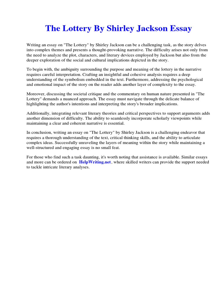 The Lottery By Shirley Jackson Essay Download Free Pdf Oracle