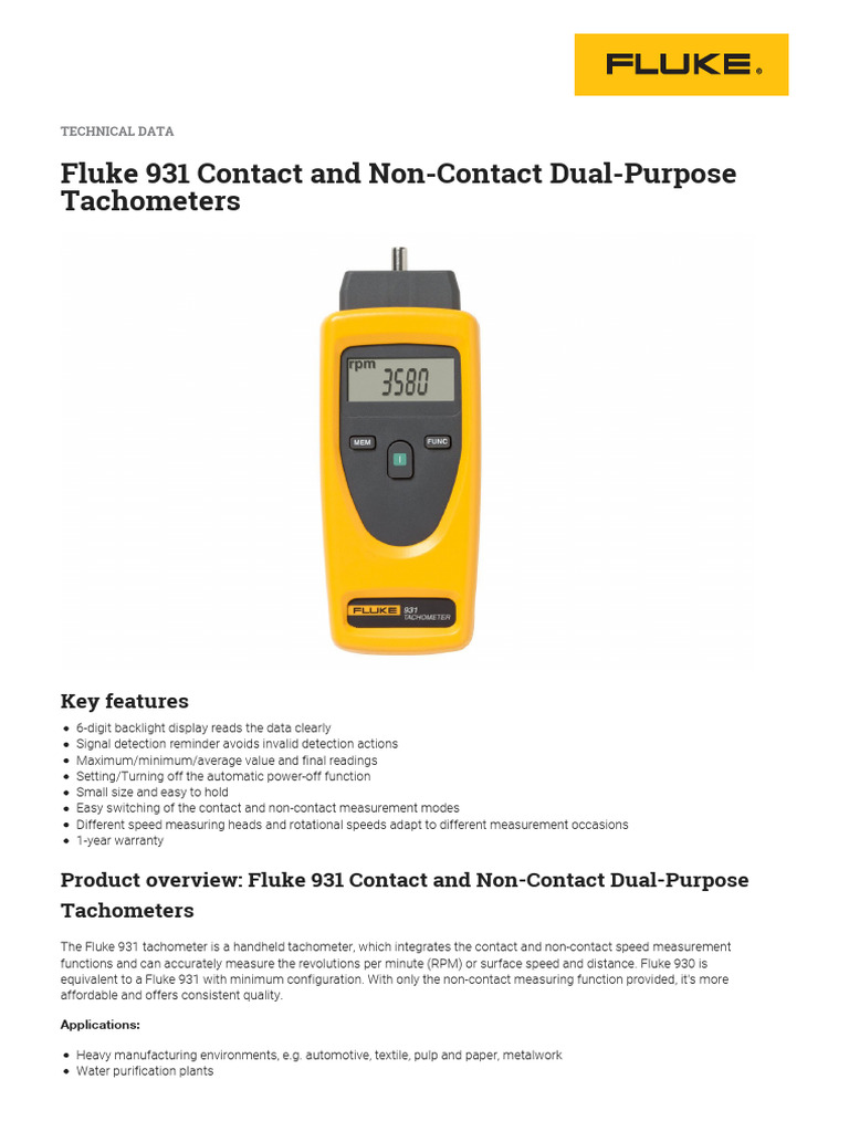 Tachometer - Fluke 931 | PDF | Speed | Equipment