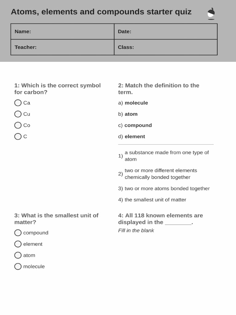 Atoms Elements and Compounds H3hasv Intro Quiz Questions | PDF