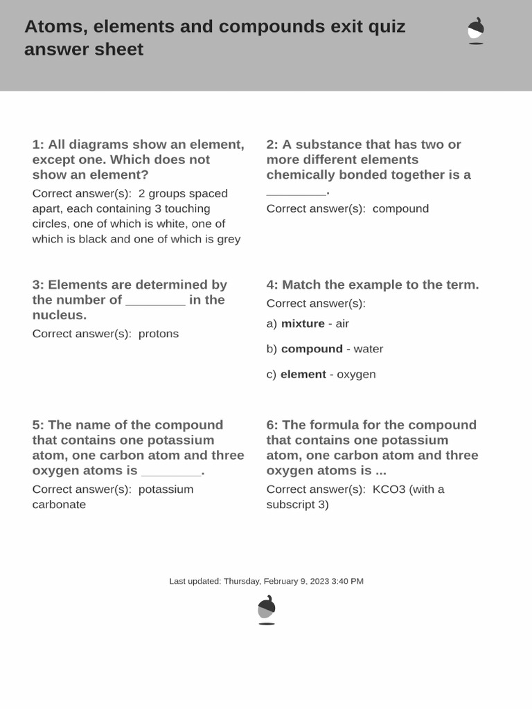 Atoms Elements and Compounds H3hasv Exit Quiz Answers | PDF