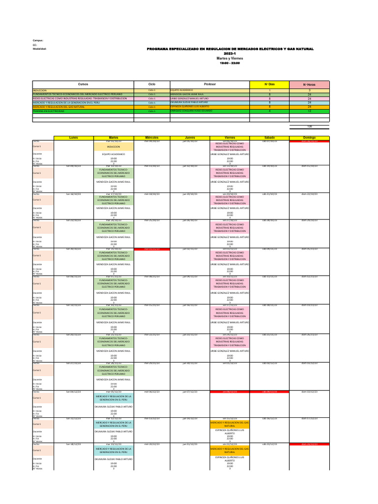 Horario - Programa Especializado en Regulación de Mercados Eléctricos y de Gas Natural 2023 I | PDF