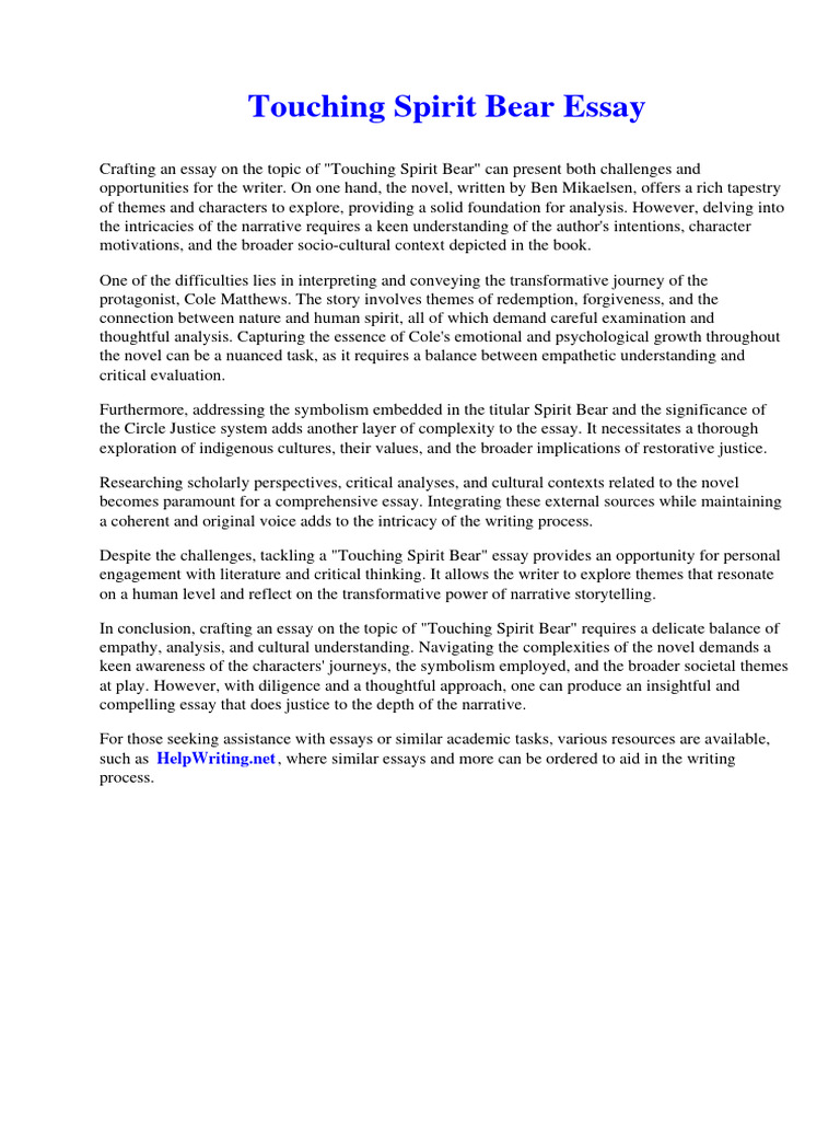 Touching Spirit Bear Essay | PDF | Narrative | World War I