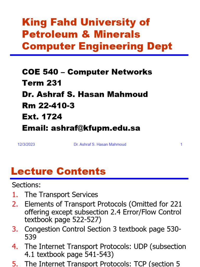 COE 231 540 TransportLayer 6 Shortened 2 | PDF | Transmission Control Protocol | Network Congestion
