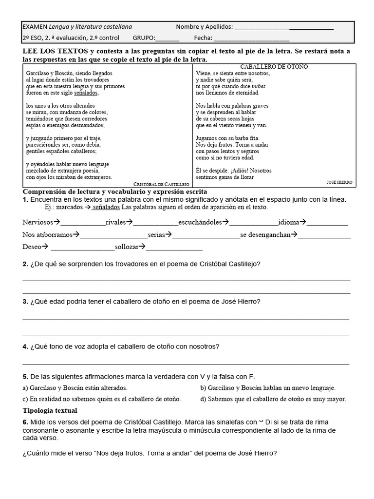 Examen Poesía y Expositivo | Descargar gratis PDF | Lingüística | Gramática