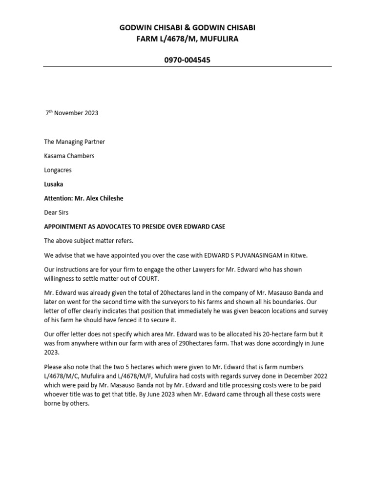 Chisabis Edward Court Case Appointment Letter - Kasama Chambers ...