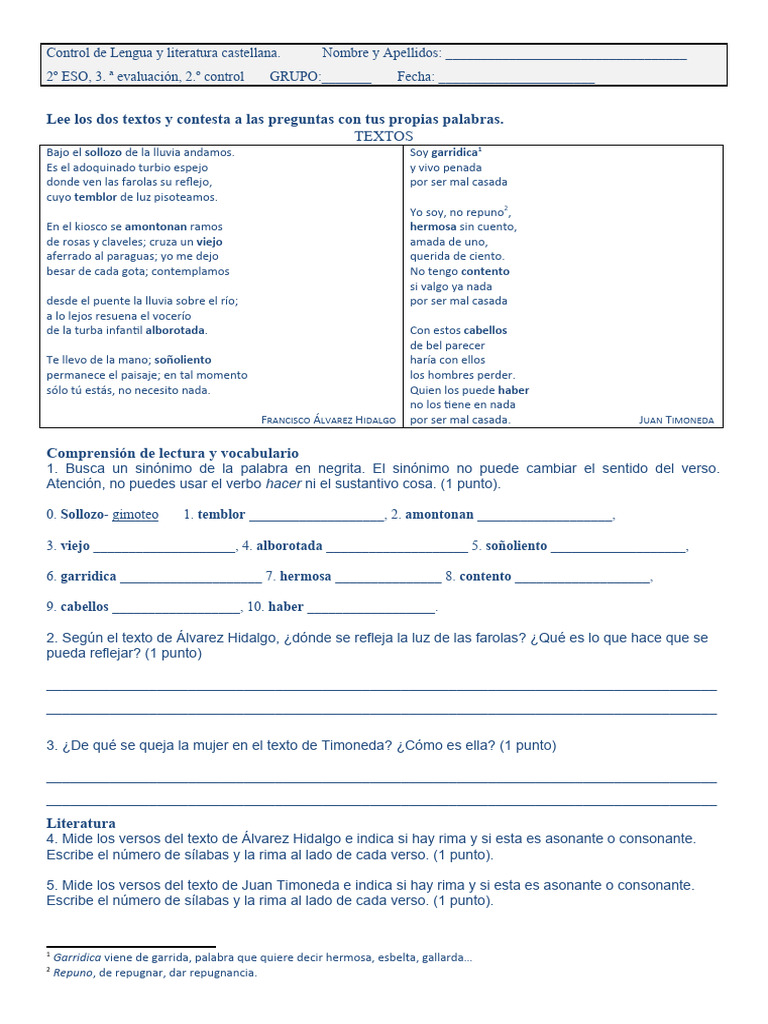 Control de Lengua y Literatura 2º ESO | PDF | Rima | Verbo