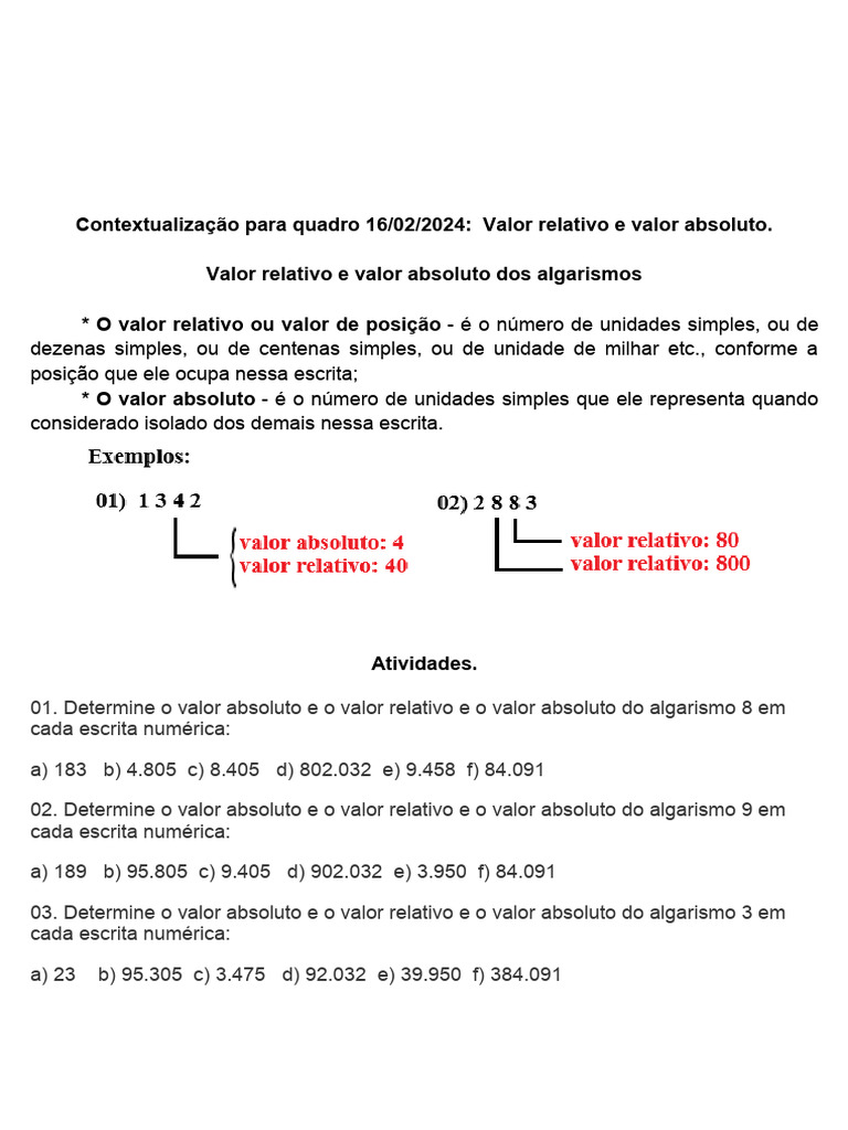 Atividades sobre Valor Absoluto e Relativo | PDF