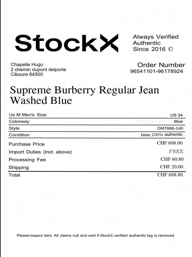 Supreme Burberry Jeans Invoice | PDF