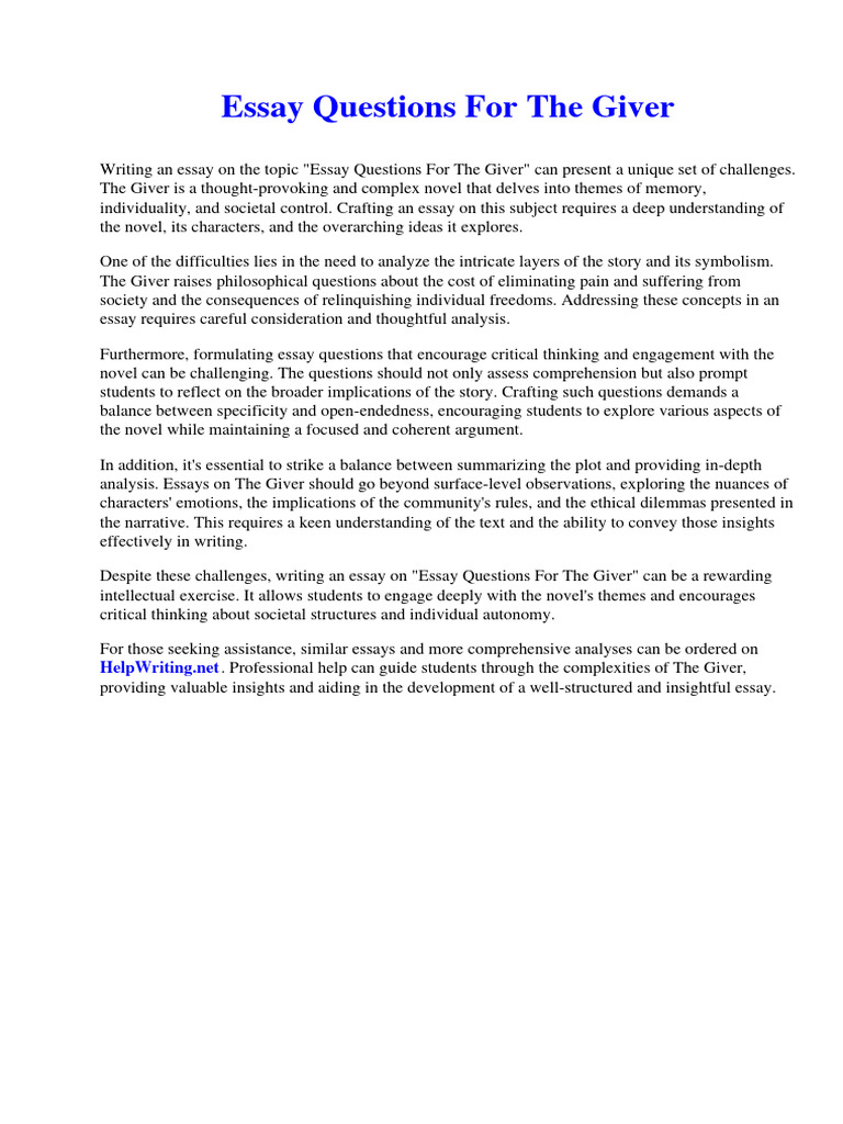 The Giver Essay Questions Guide | PDF | Tobacco Smoking | Addiction