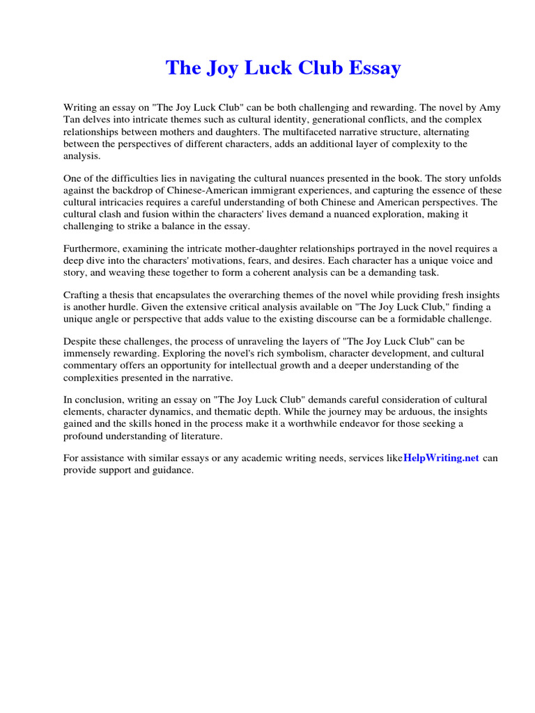 The Joy Luck Club Essay | PDF | Mobile Phones | Wireless Lan