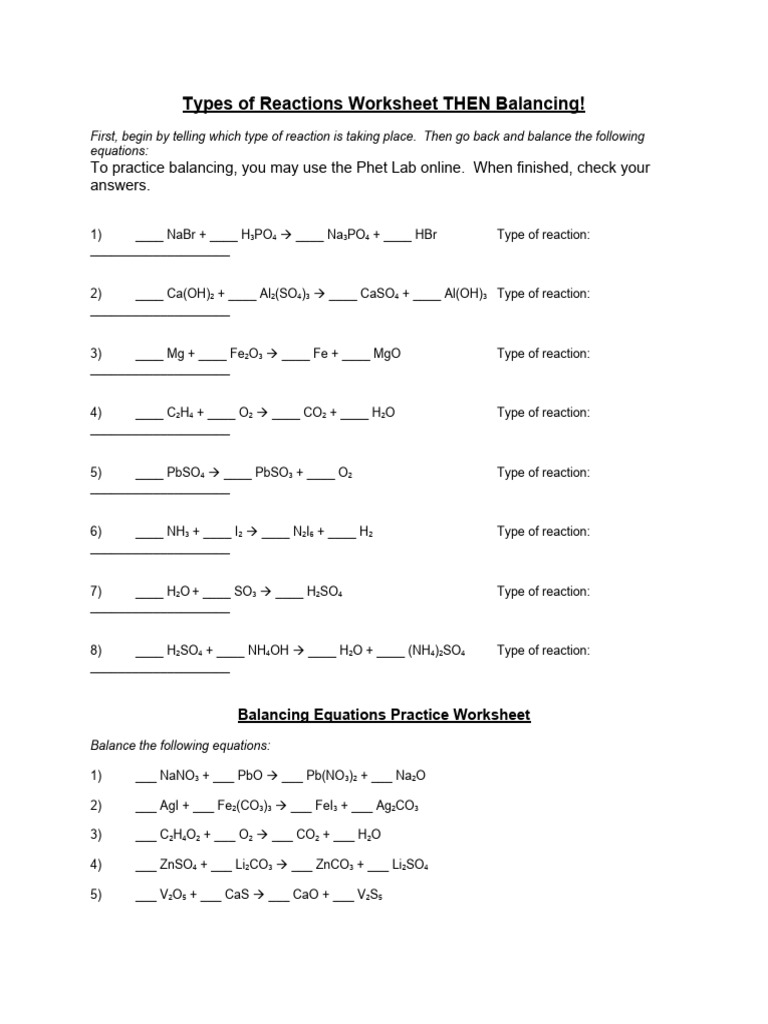 Balancing & Word Equations Practice | PDF | Metallic Elements | Chemistry