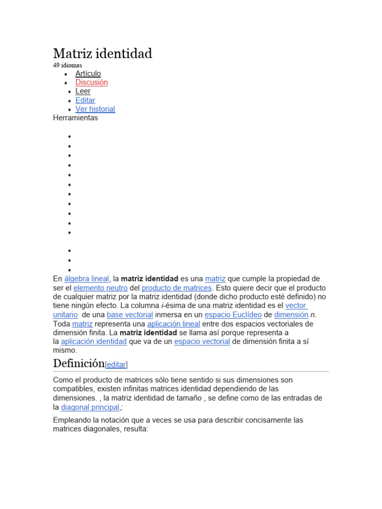 Definición de Matriz Identidad | PDF