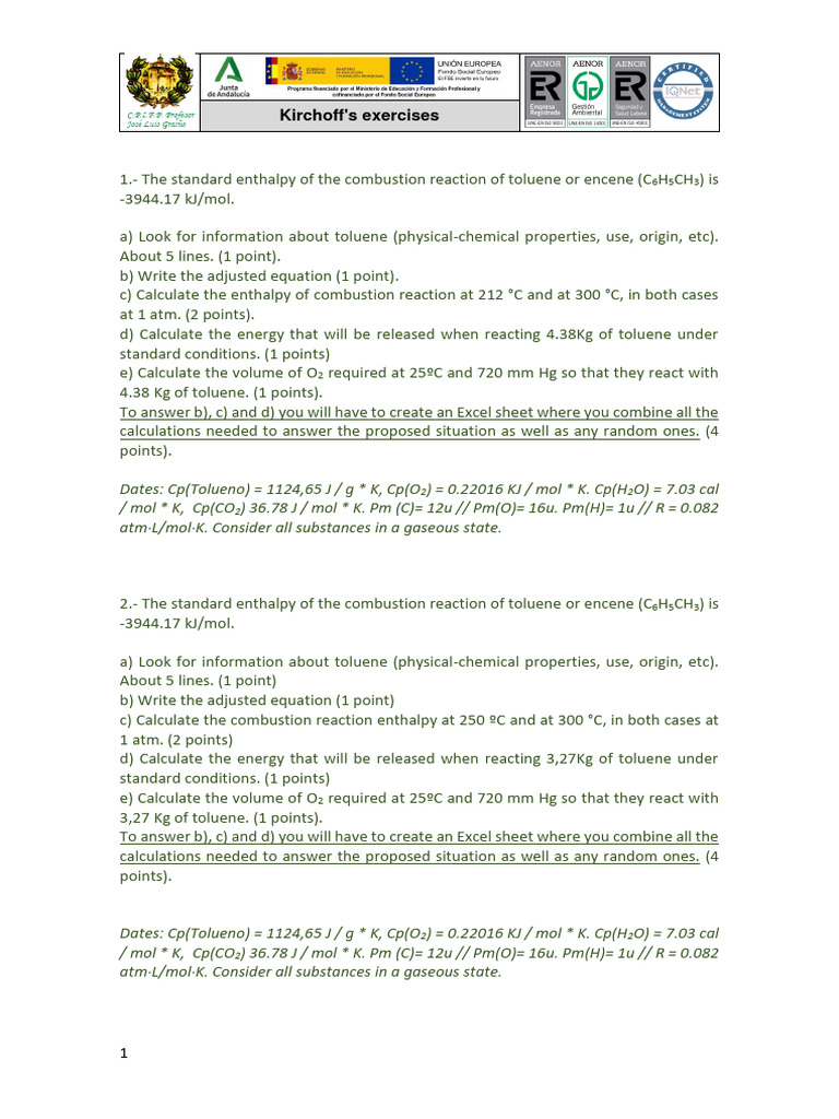 Kirchoffs Exercises 21.22 | PDF | Propane | Enthalpy