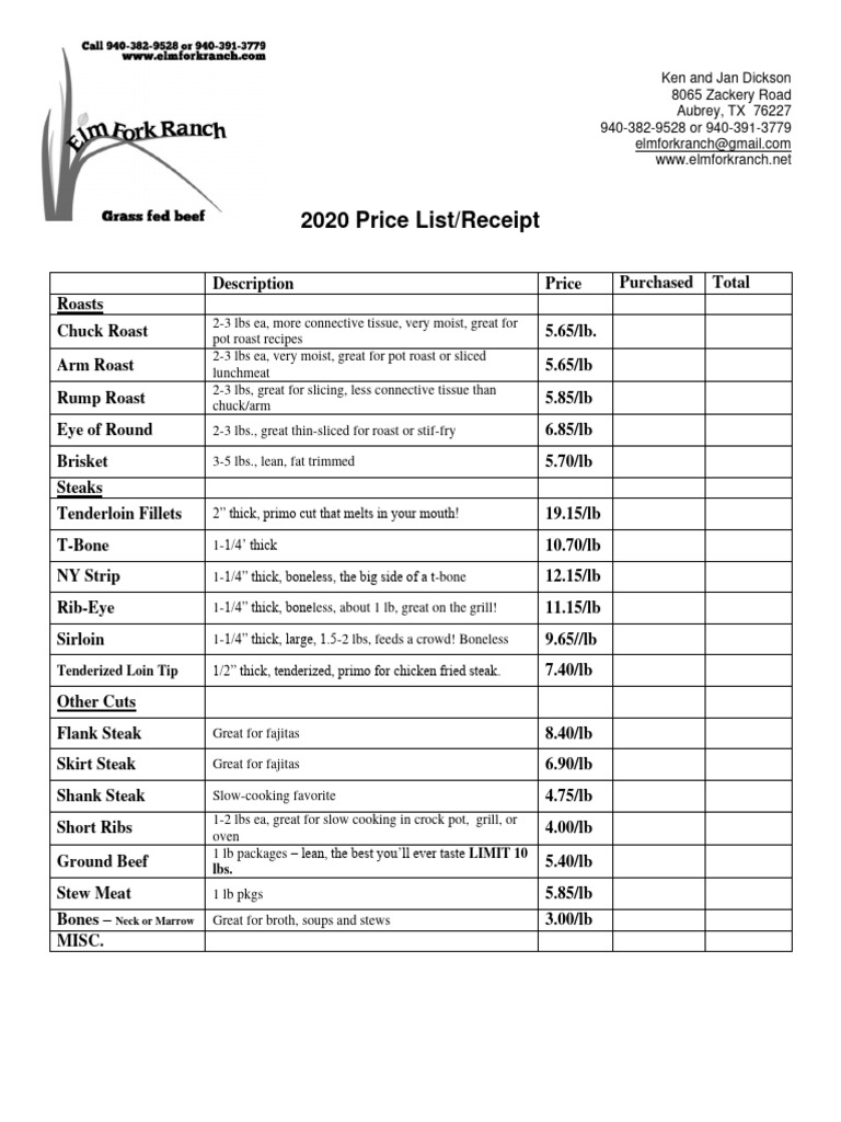2020 Meat Price List from Elm Fork Ranch | PDF | Steak | Chuck Steak
